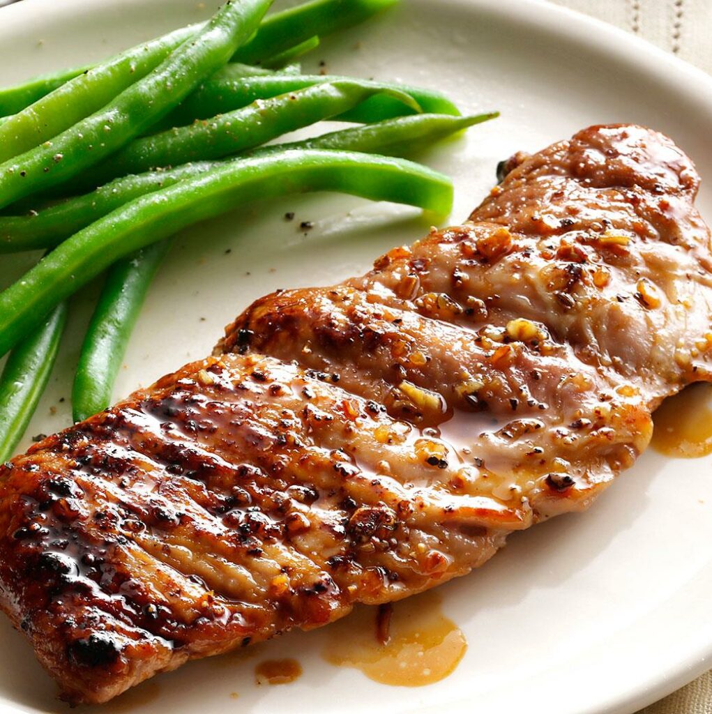 Ginger Sesame Pork Tenderloin Over Brown Rice With Dark Soy Green Beans ...